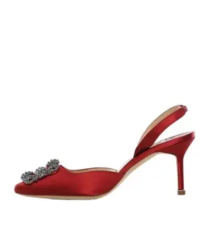 Manolo Blahnik Hangisi Slingback Satin Pumps With Crystal Buckle