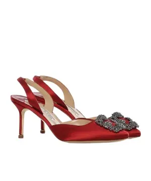 Manolo Blahnik Hangisi Slingback Satin Pumps With Crystal Buckle