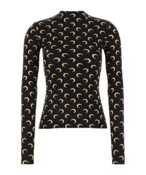 MARINE SERRE Crescent Print Turtleneck Long-sleeved Top - Black