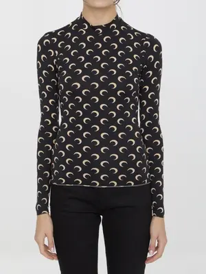 MARINE SERRE Crescent Print Turtleneck Long-sleeved Top - Black