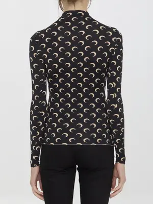 MARINE SERRE Crescent Print Turtleneck Long-sleeved Top - Black