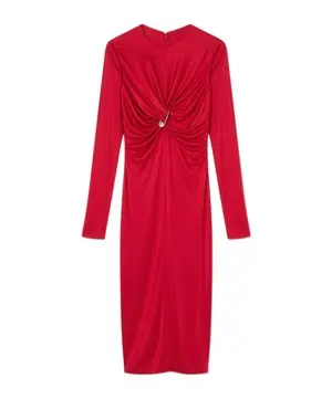 Versace Safety Pin Gathered Long-sleeved Midi Dress - Red