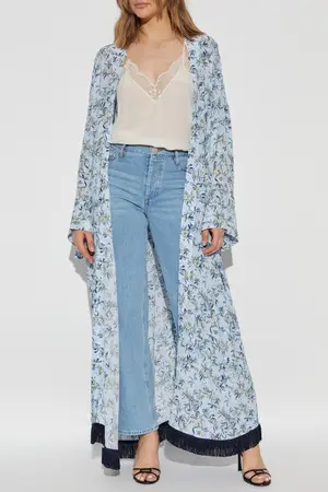 Zadig&Voltaire Long Sleeve Silk Floral Print Coat With Tasseled Hem