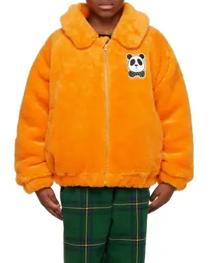 MINI RODINI Faux Fur Panda Patch Bomber Jacket