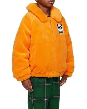 MINI RODINI Faux Fur Panda Patch Bomber Jacket
