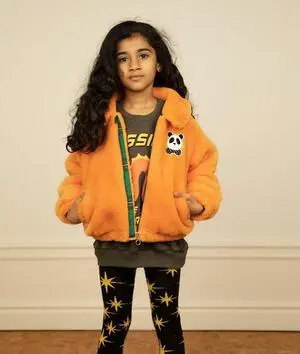 MINI RODINI Faux Fur Panda Patch Bomber Jacket
