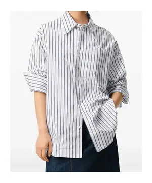 AMI Paris De Coeur Striped Curved Hem Shirt