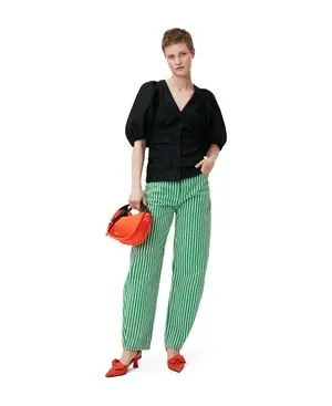 GANNI V-neck Puff Sleeve Blouse With Pleated Details
