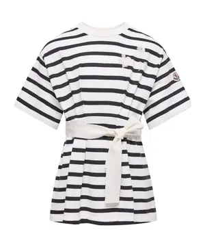 Moncler Striped T-shirt Dress With Floral Embroidery And Belt