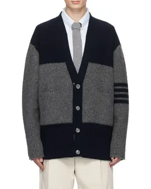 Thom Browne V-neck Oversized Jersey Cardigan With Stripe Details