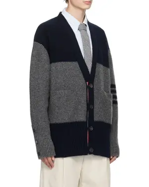 Thom Browne V-neck Oversized Jersey Cardigan With Stripe Details