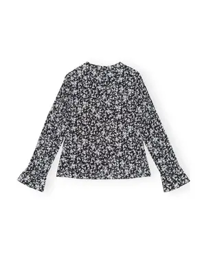 GANNI Printed Crepe O-neck Blouse - Black