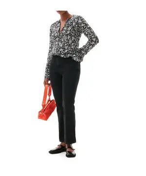 GANNI Printed Crepe O-neck Blouse - Black