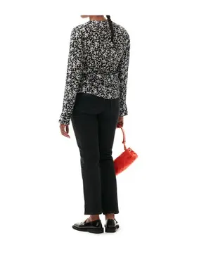 GANNI Printed Crepe O-neck Blouse - Black