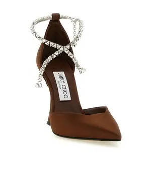 JIMMY CHOO Stevie Satin Pointed Pumps With Crystal Ankle Strap - Brown
