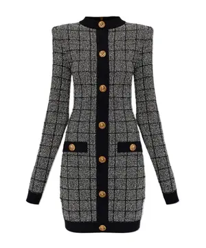 Balmain Tweed Long-sleeve Dress With Decorative Buttons - Black