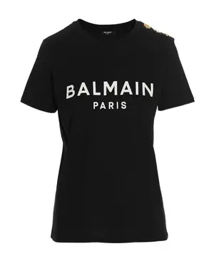 Balmain Logo Print Crewneck T-shirt With Embellished Shoulders