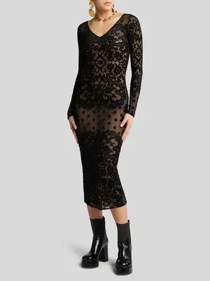 Etro Floral Jacquard Velvet V-neck Long Sleeve Dress - Black