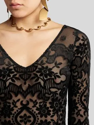Etro Floral Jacquard Velvet V-neck Long Sleeve Dress - Black