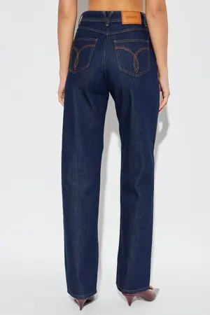 Versace Logo Patch Straight Leg Jeans - Navy Blue