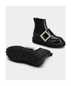 ROGER VIVIER Viv' Go-thick Strass Buckle Chelsea Ankle Boots In Patent Leather - Black