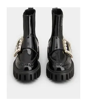 ROGER VIVIER Viv' Go-thick Strass Buckle Chelsea Ankle Boots In Patent Leather - Black