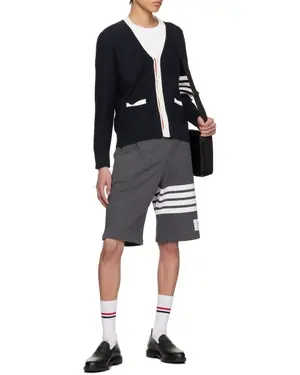 Thom Browne V-neck Knitted Cardigan With Four-stripe Detail - Navy Blue