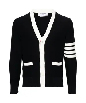 Thom Browne V-neck Knitted Cardigan With Four-stripe Detail - Navy Blue