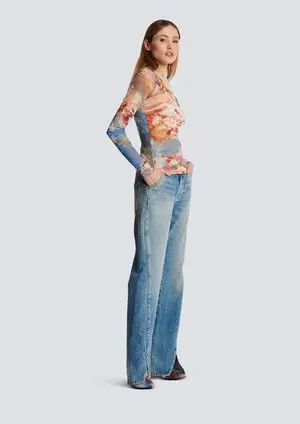 Balmain Sky Printed Long Sleeve Tulle Top