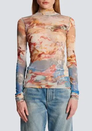Balmain Sky Printed Long Sleeve Tulle Top