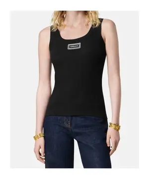 Versace Ribbed Sleeveless Top With Retro Logo Patch - Black