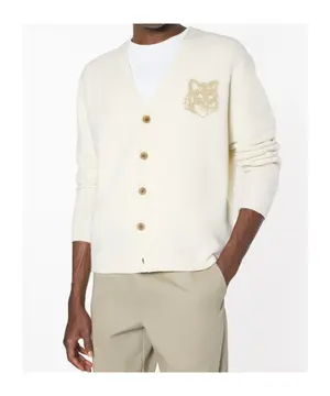 Maison Kitsuné Long Sleeve Buttoned Cardigan With Fox Head Intarsia - Beige/tan
