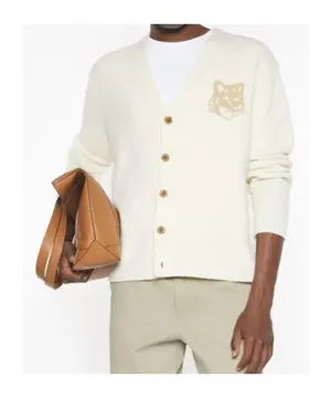 Maison Kitsuné Long Sleeve Buttoned Cardigan With Fox Head Intarsia - Beige/tan