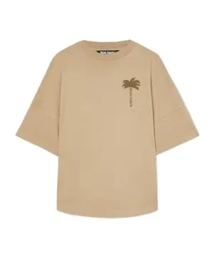 Palm Angels Logo Printed Crew Neck T-shirt - Beige