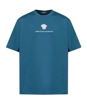 Versace Logo Embroidered Crewneck T-shirt - Blue