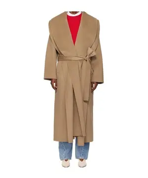 RÓHE Long Sleeve Shawl Collar Belted Coat - Camel