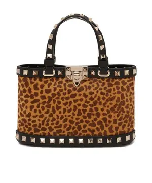 Valentino Garavani Mini Rockstud Shopping Bag In Ponyskin Effect Calfskin With Animal Print - Brown