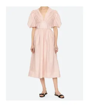 Sea Puff-sleeve V-neck Midi Dress