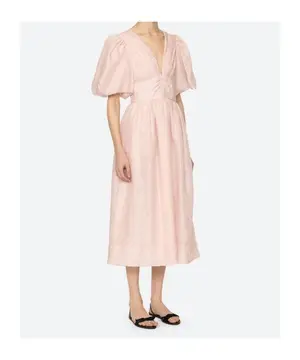 Sea Puff-sleeve V-neck Midi Dress