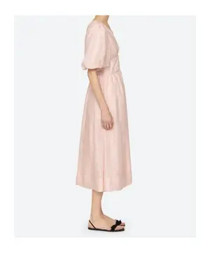 Sea Puff-sleeve V-neck Midi Dress