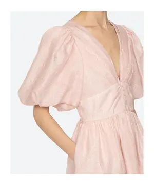Sea Puff-sleeve V-neck Midi Dress