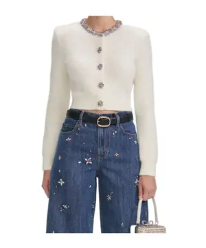 SELF-PORTRAIT Embellished Trim Cardigan - Cream
