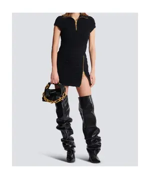 Balmain Short Sleeve Zip Collar Textured Top - Black