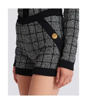 Balmain Checked Tweed Shorts With Lion Head Buttons