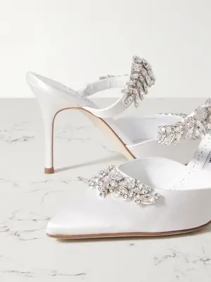 Manolo Blahnik Lurum 90 Crystal-embellished Mules - White