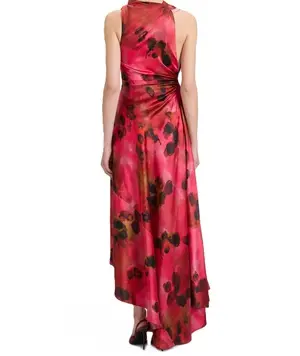 Victoria Beckham Asymmetric Hem Floral-printed Satin Midi Dress - Red