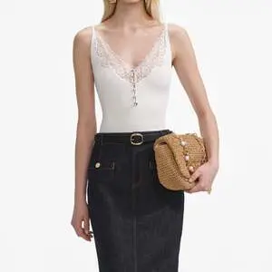 SELF-PORTRAIT Lace-trimmed Ribbed-knit Top