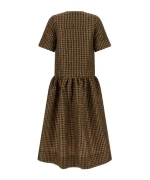 GANNI Crinkled Check Long Dress - Brown