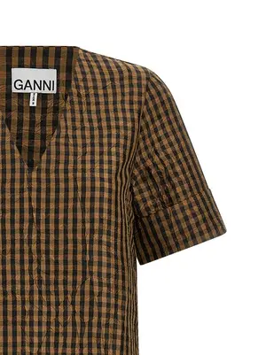GANNI Crinkled Check Long Dress - Brown