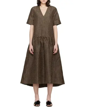 GANNI Crinkled Check Long Dress - Brown